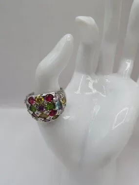 Jewelry | Multi Color Rhinestone Silver Tone Dome Cocktail Ring Sz 1 ...